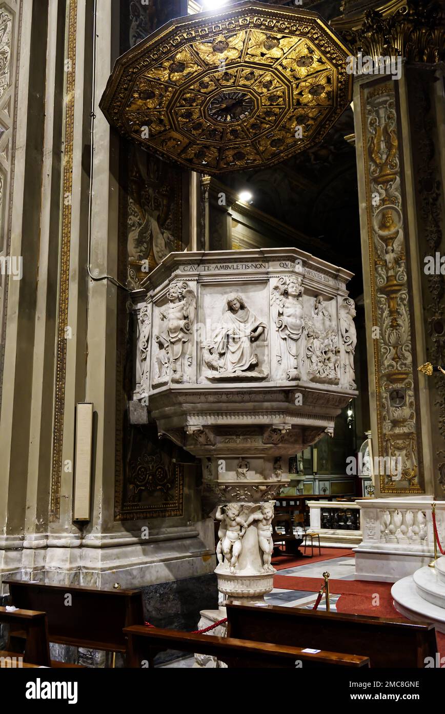 Savona, Italy - 2Jan2023: The Carrara marble pulpit inside the basilica ...