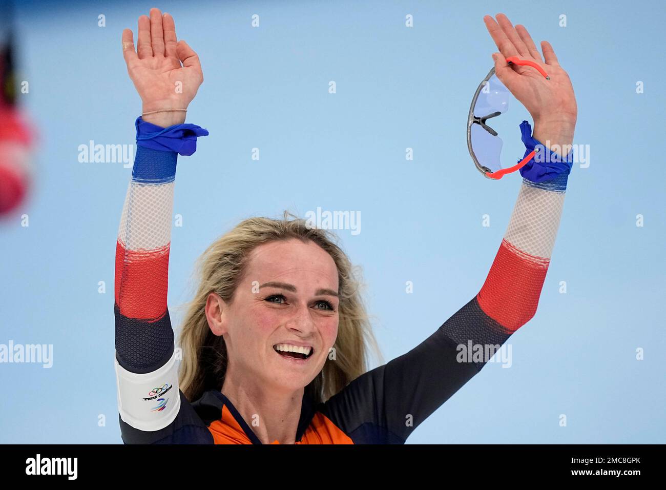 Irene Schouten of the Netherlands reacts after winning the gold medal ...