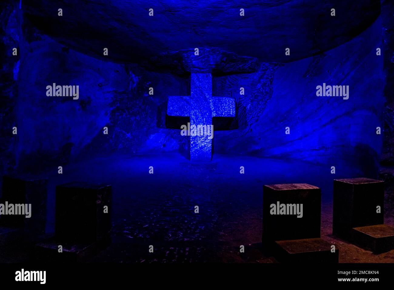 Salt Cathedral of Zipaquira in Colombia, colorfully illuminated cross ...