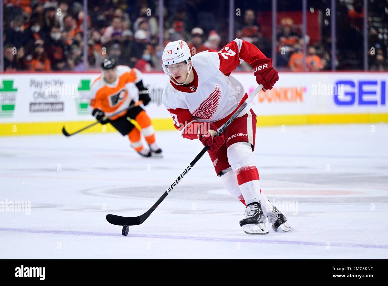 Detroit Red Wings' Lucas Raymond in action during an NHL hockey game against the Philadelphia ...