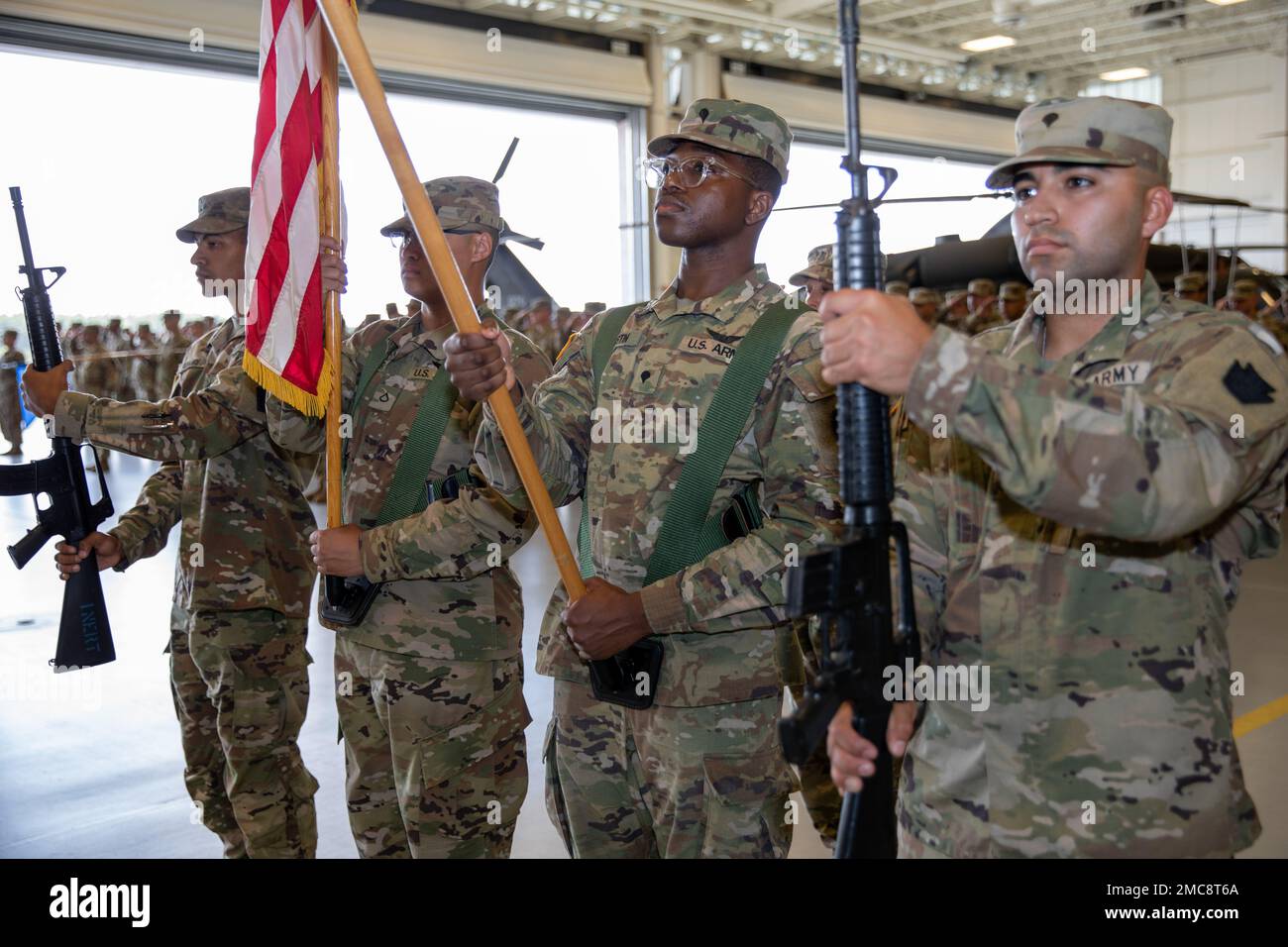 U.S. Army Soldiers with the 1st Assault Helicopter Battalion, 150th Aviation Regiment, present ...