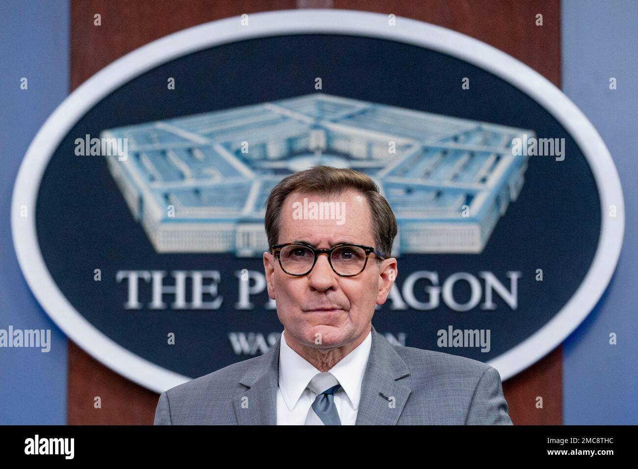 Pentagon spokesman John Kirby takes a question from a reporter during a ...