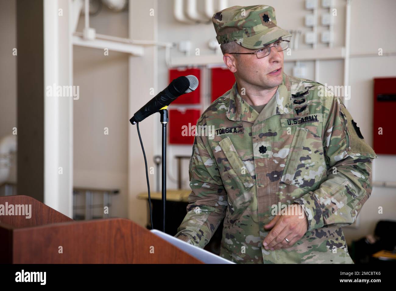 U.S. Army Lt. Col. Eric J. Tolska speaks at a change of command ...