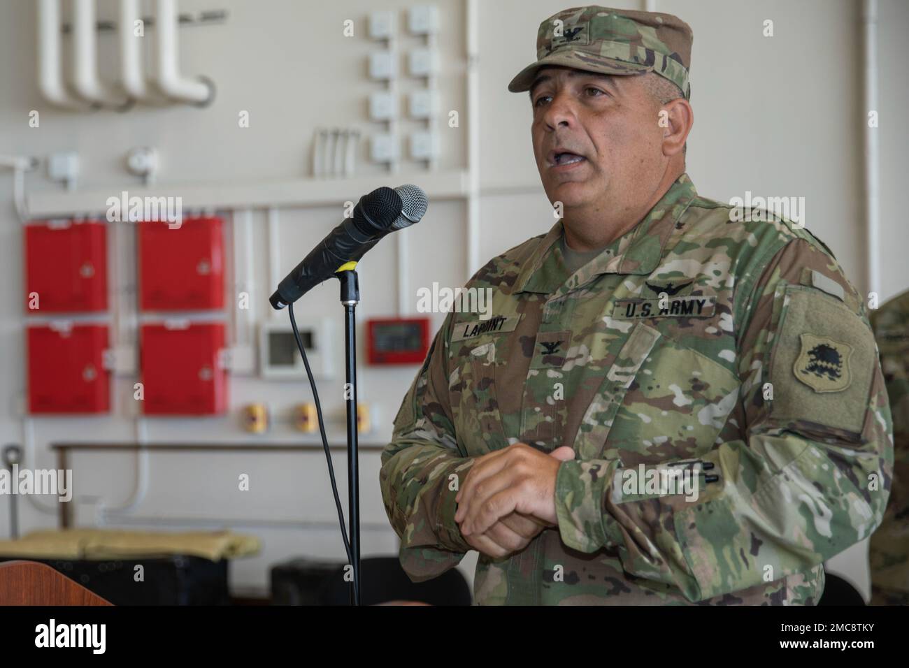 U.S. Army Col. Michael LaPoint, 57th Troop Brigade commander, speaks at ...