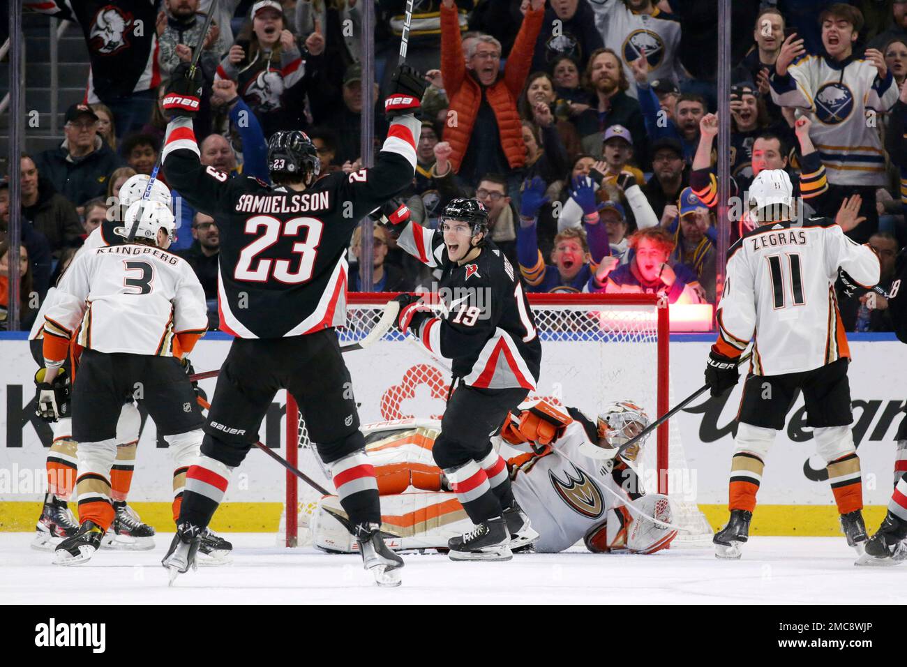 Buffalo Sabres center Peyton Krebs (19) celebrates after scoring a goal ...