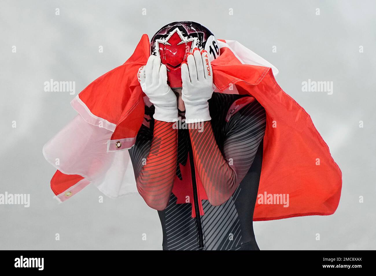 Steven Dubois of Canada, reacts after his second place finish in the ...