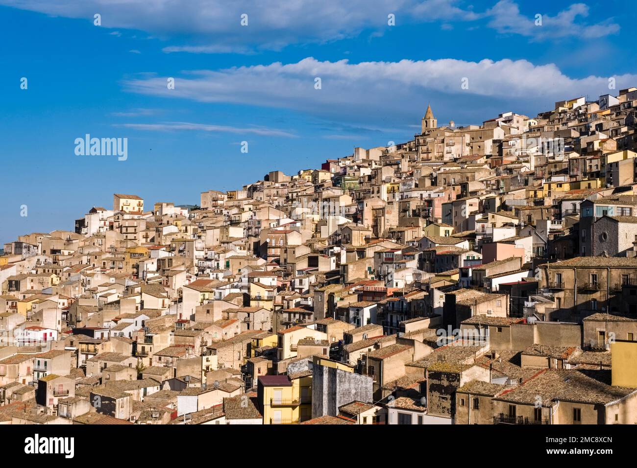 The houses of the town of Prizzi, close together on a hill Stock Photo ...
