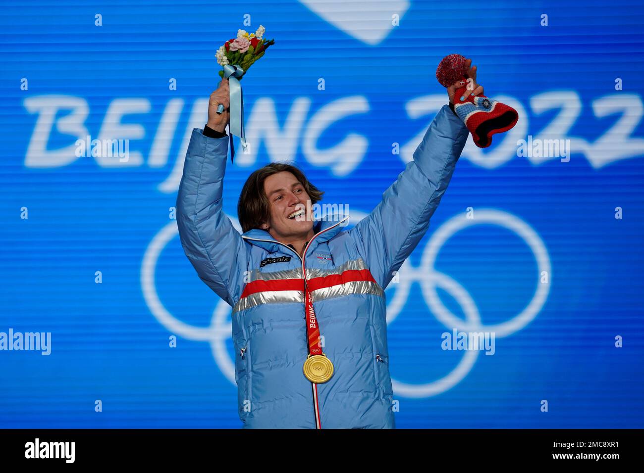 Gold medalist Birk Ruud of Norway celebrates during the medal ceremony ...