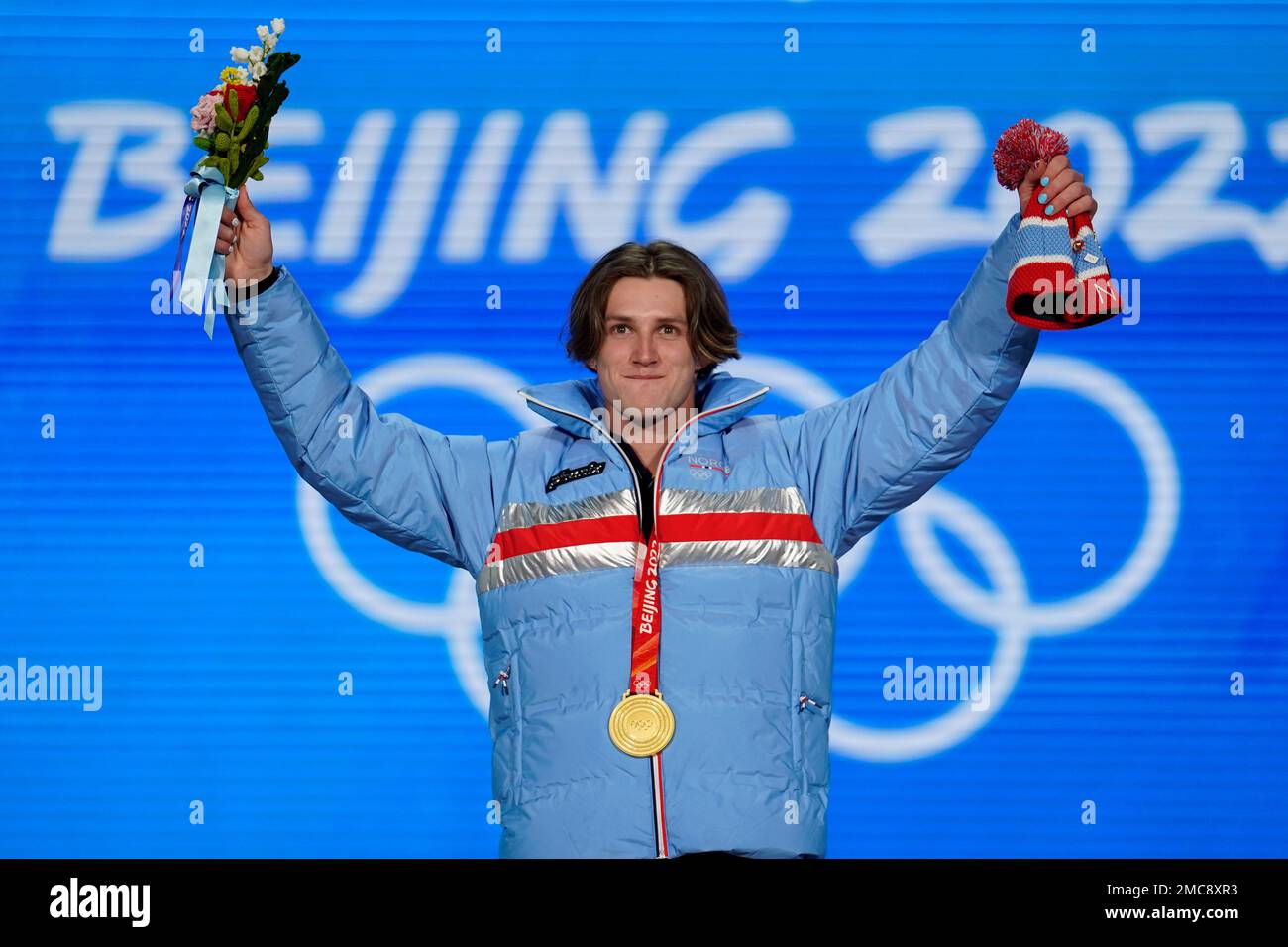 Gold medalist Birk Ruud of Norway celebrates during the medal ceremony ...