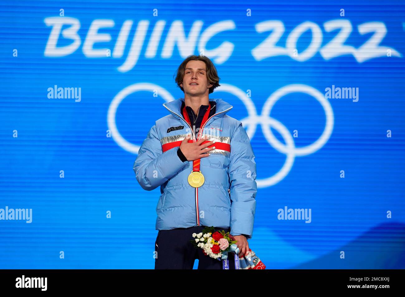 Gold medalist Birk Ruud of Norway celebrates during the medal ceremony ...