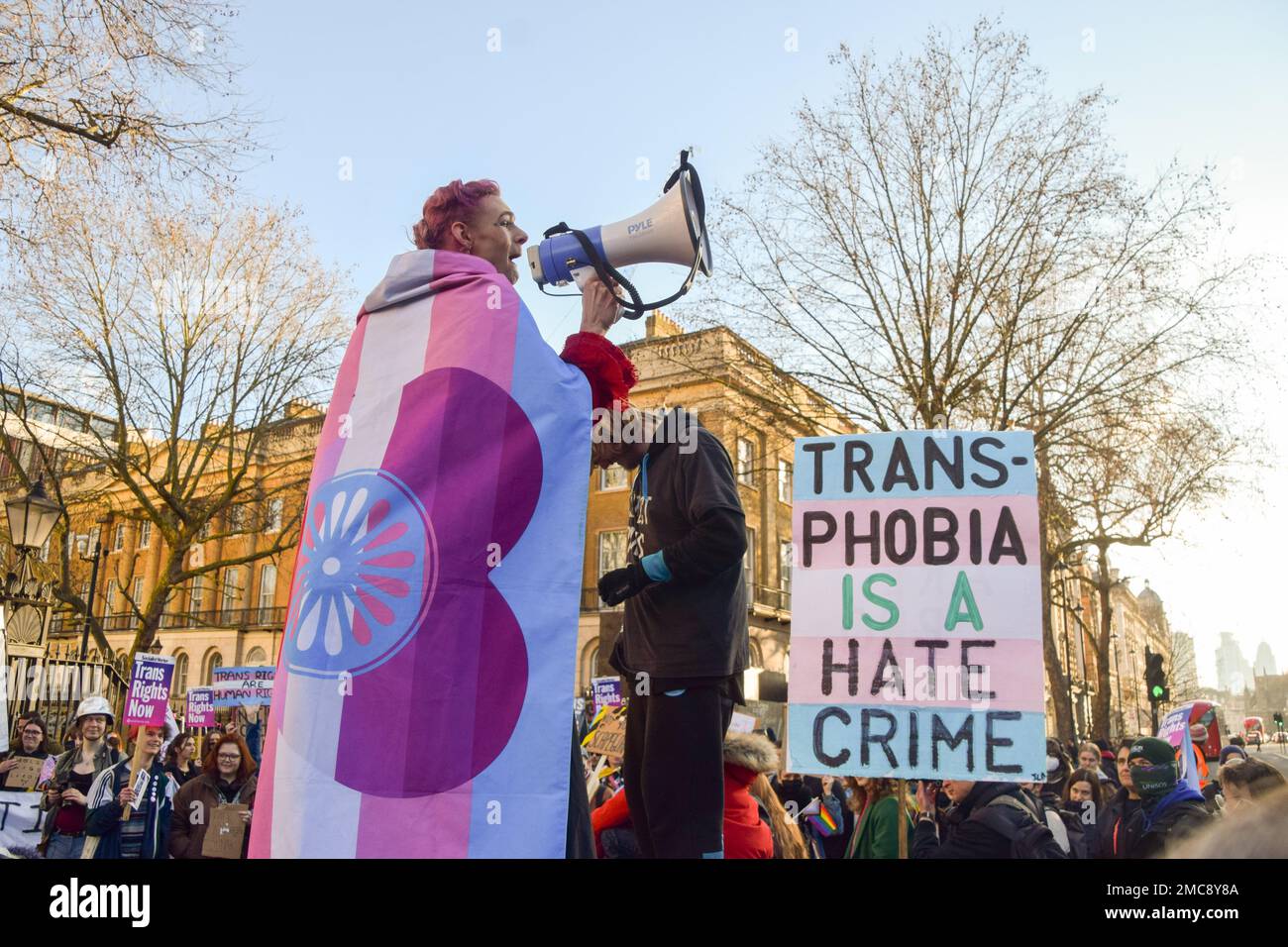 London, UK. 21st January 2023. Protesters gathered outside Downing ...
