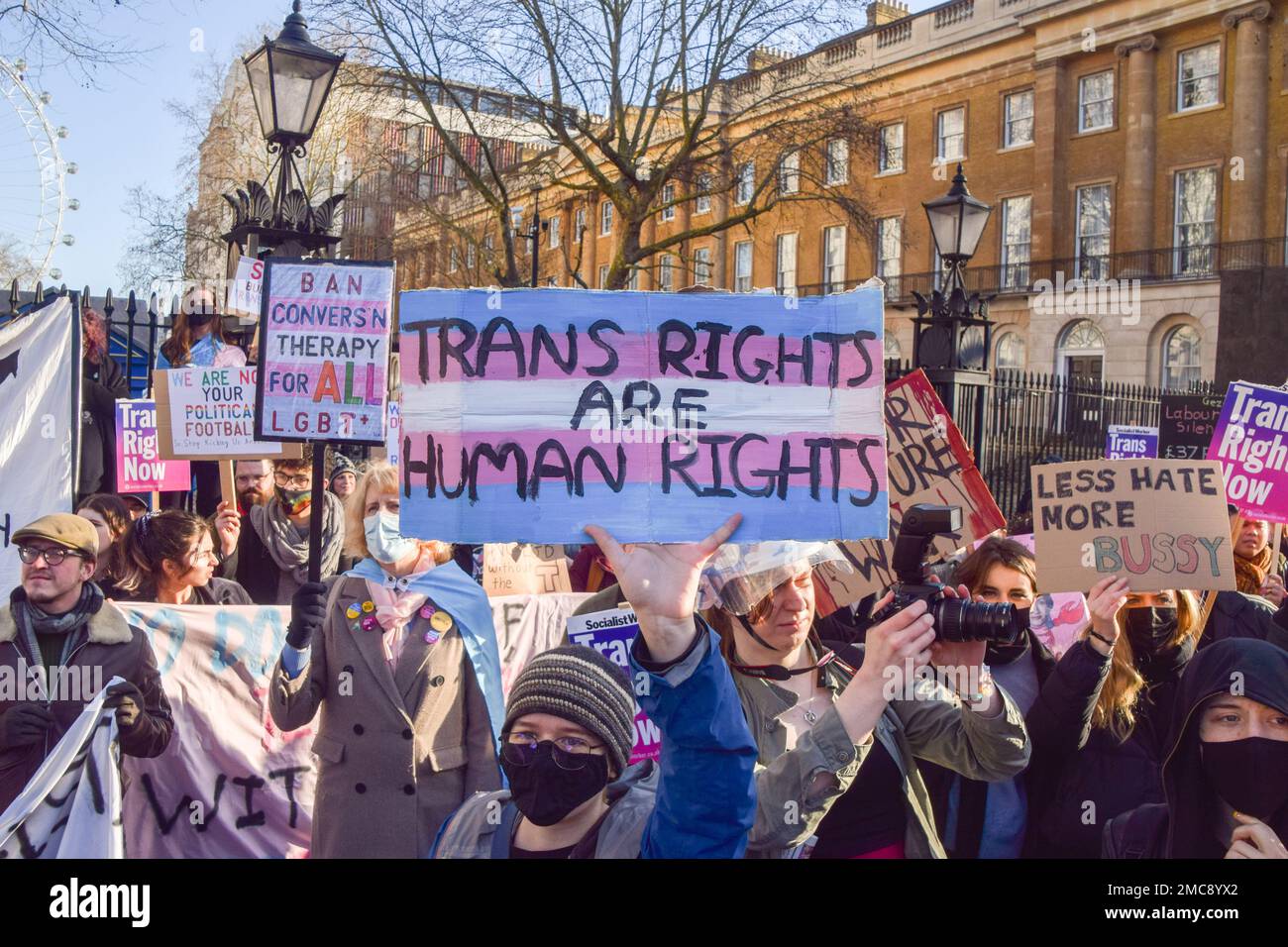 London, UK. 21st January 2023. Protesters gathered outside Downing ...