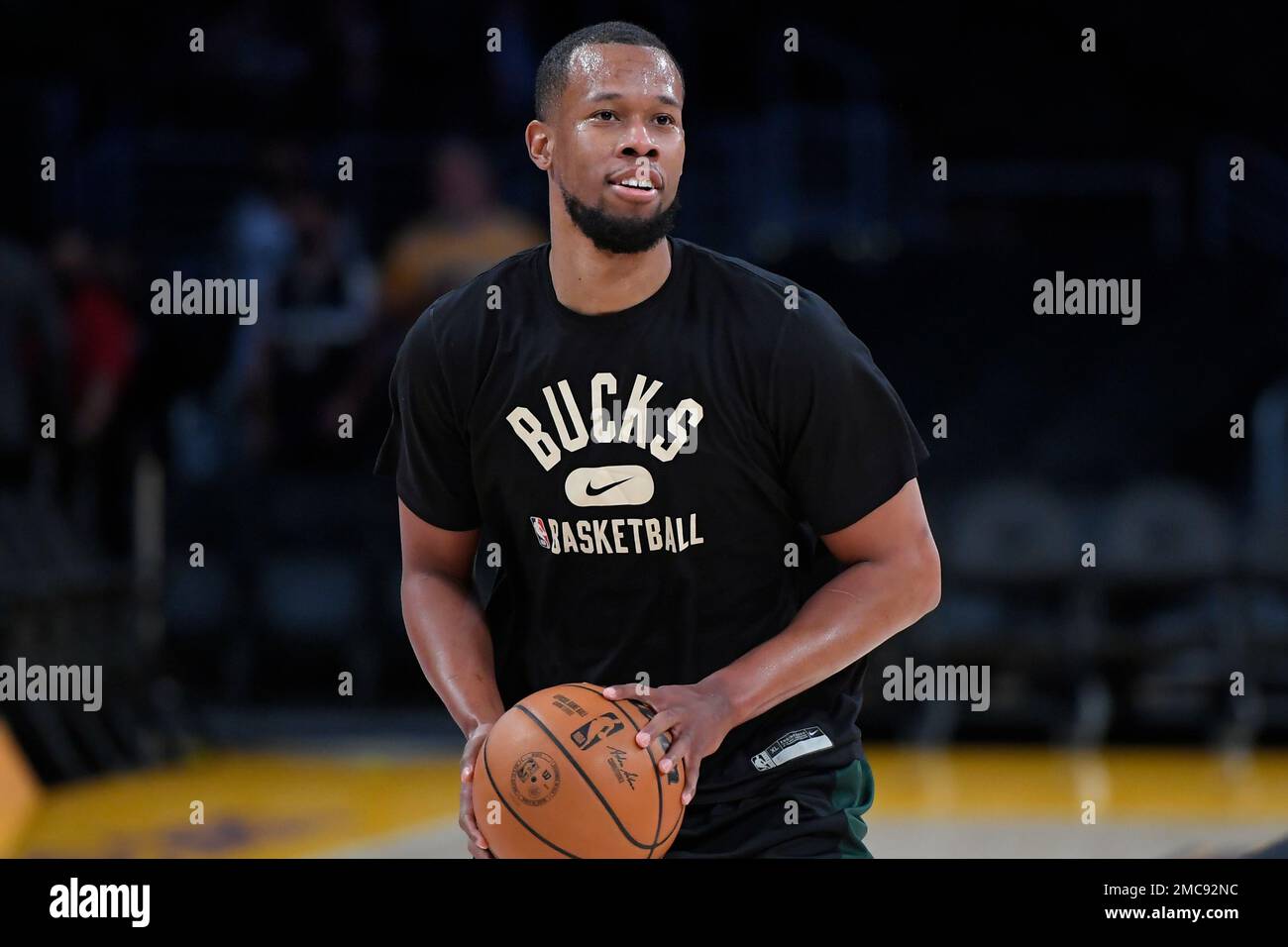 Milwaukee Bucks guard Rodney Hood warms up before playing the Los ...