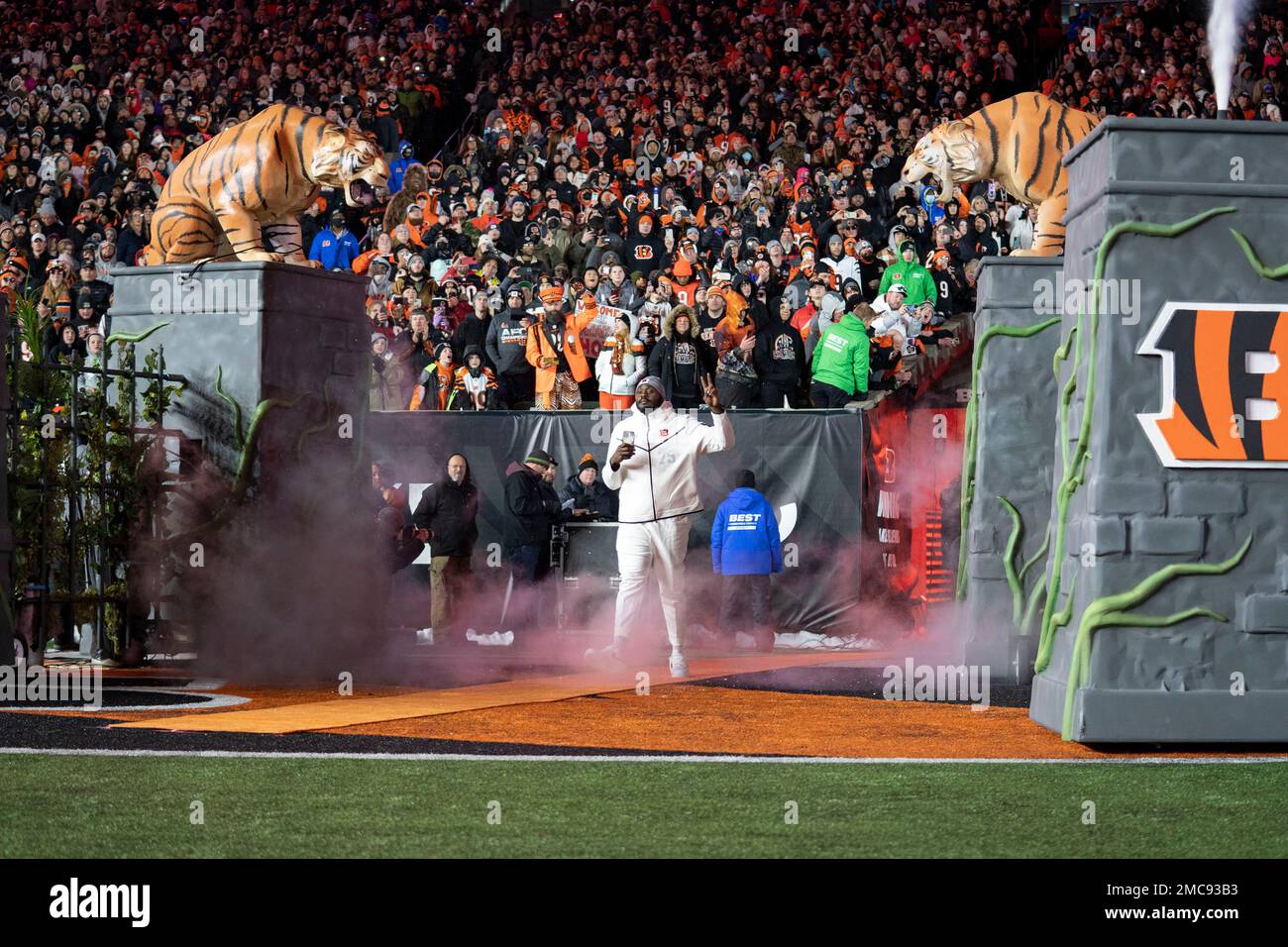 Cincinnati Bengals offensive tackle Isaiah Prince (75) enters the field ...