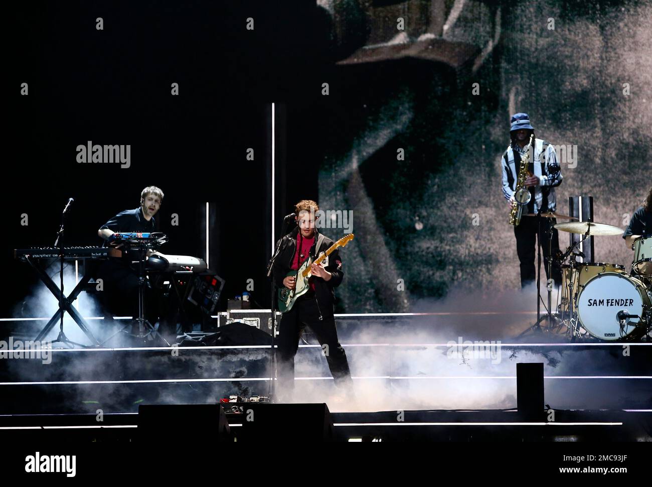 Sam Fender on stage at the Brit Awards 2022 in London Tuesday, Feb. 8 ...