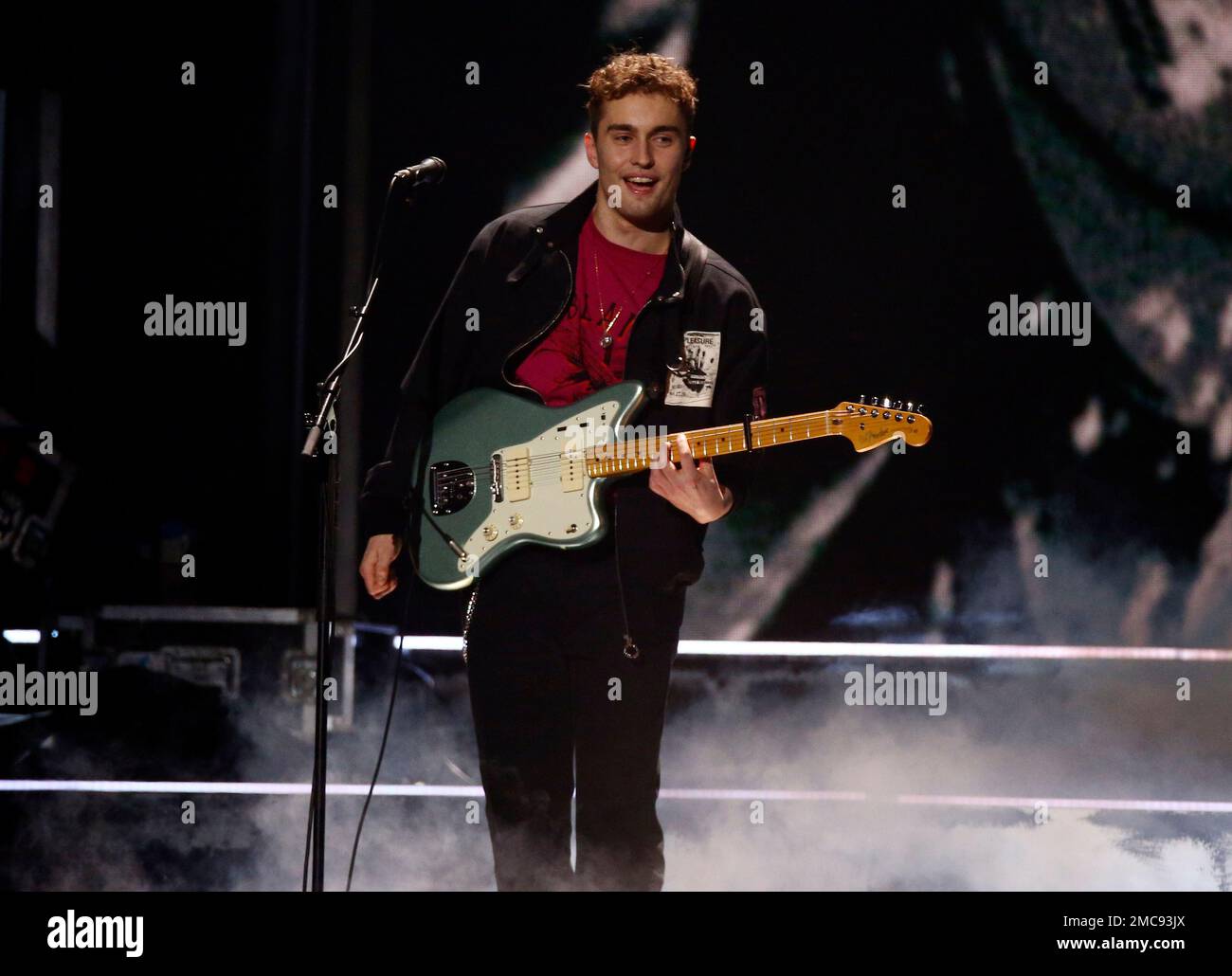 Sam Fender on stage at the Brit Awards 2022 in London Tuesday, Feb. 8 ...