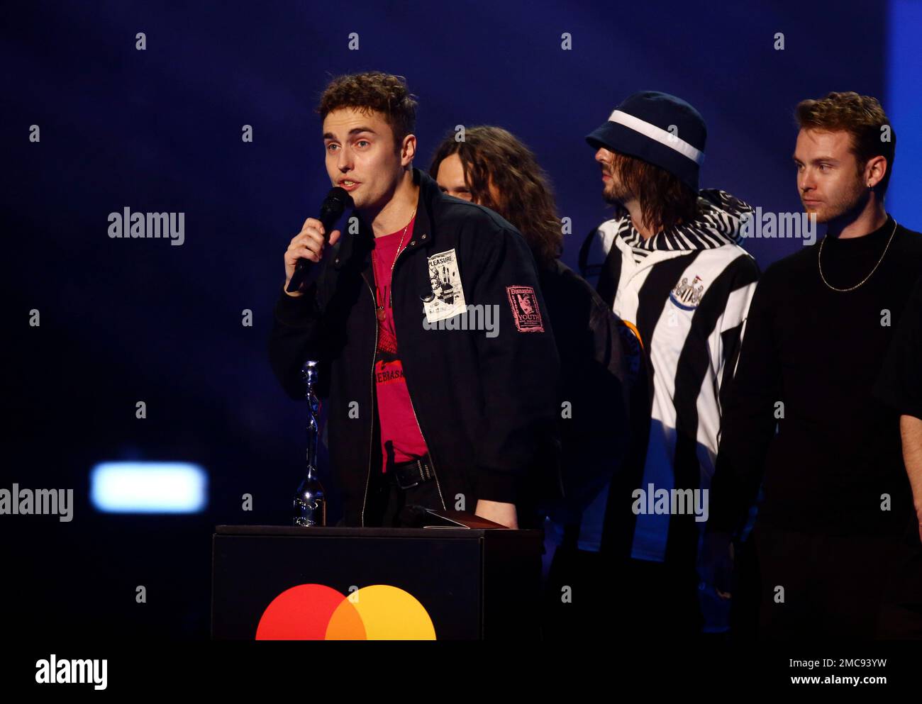 Sam Fender on stage after winning the best rock/alternative act at the ...