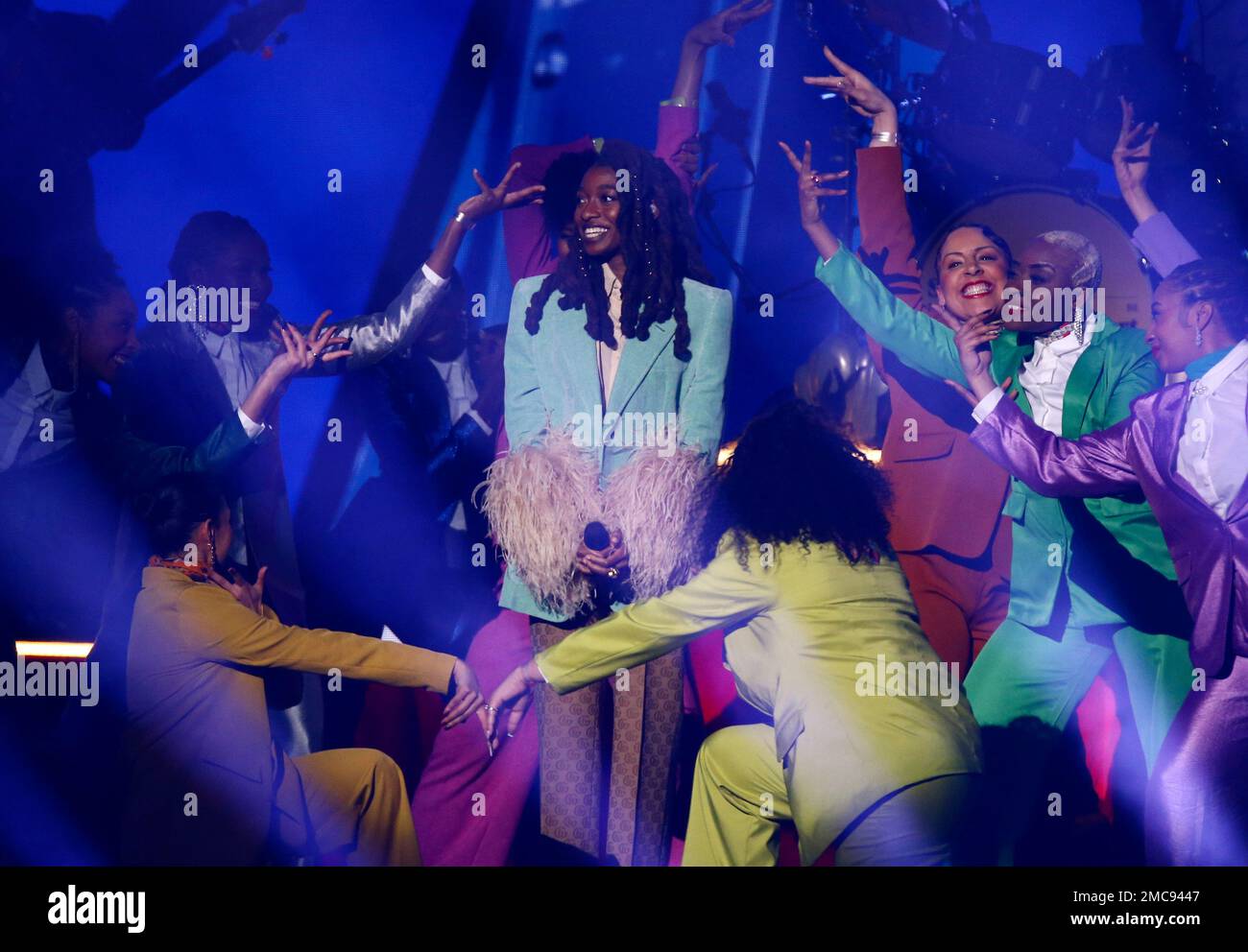Little Simz performs on stage at the Brit Awards 2022 in London Tuesday ...