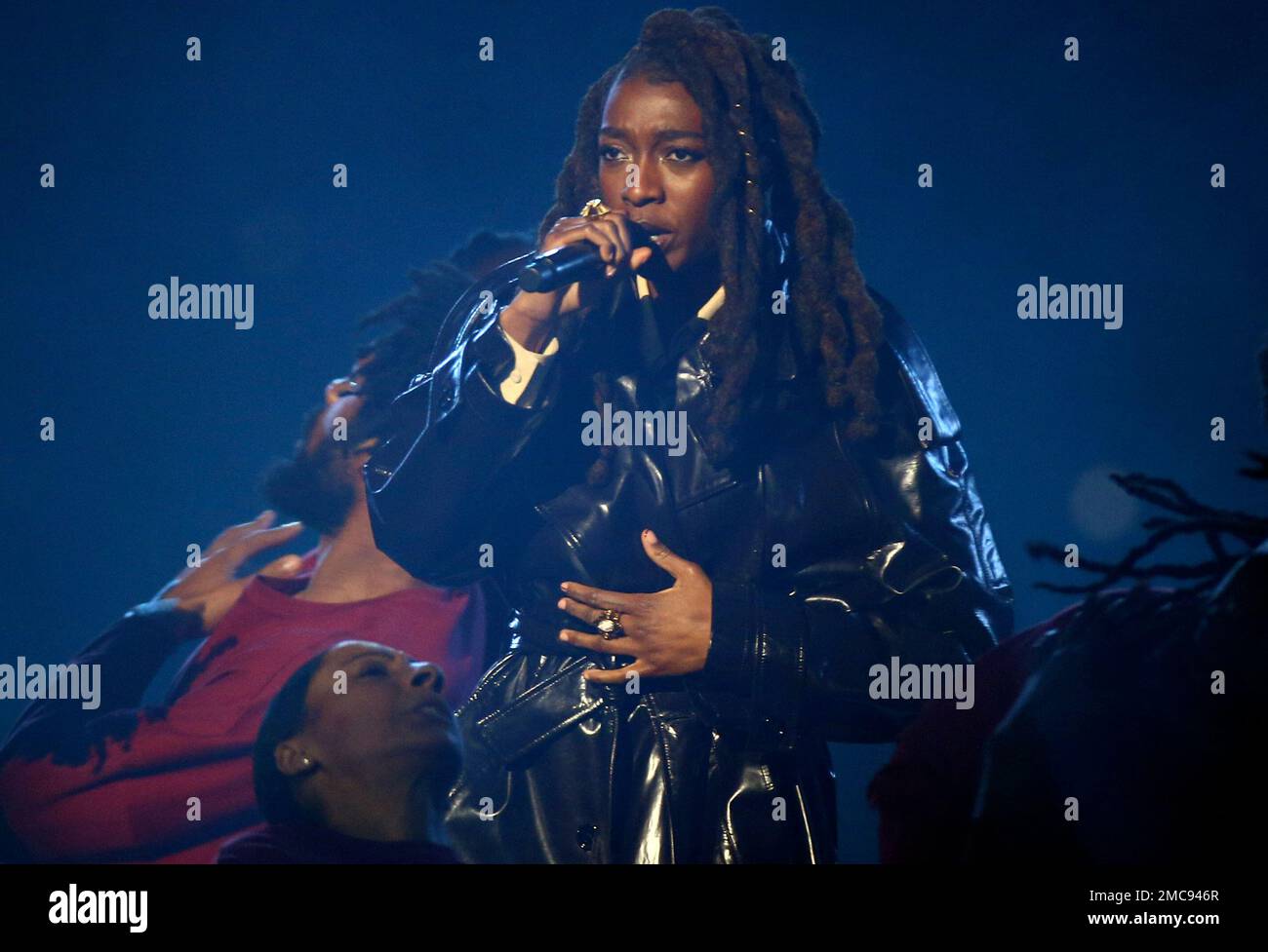 Little Simz performs on stage at the Brit Awards 2022 in London Tuesday ...