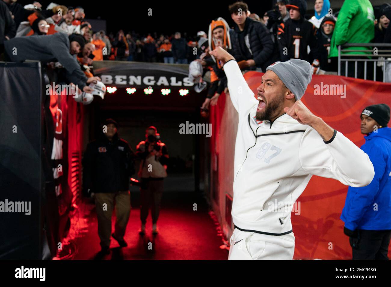 Cincinnati Bengals tight end C.J. Uzomah reacts during the Super Bowl ...