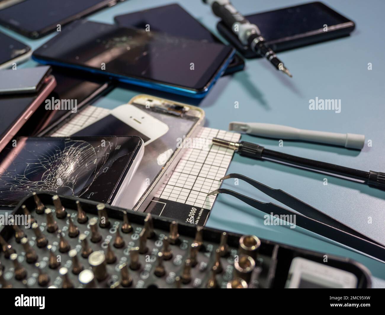 Old broken smartphone and repair tool. The concept of computer ...