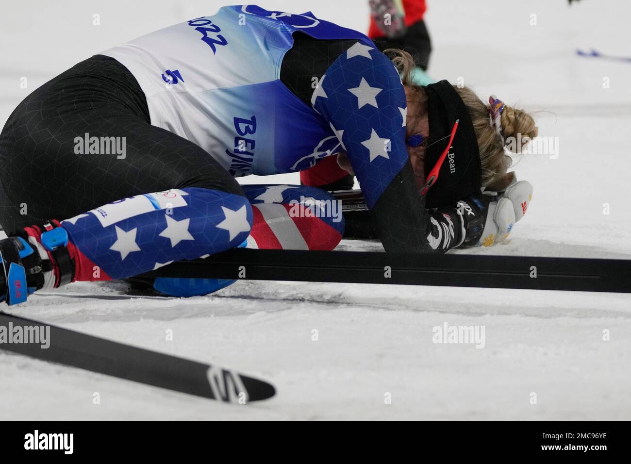 Jessie Diggins celebrates after winning the bronze medal in the women's ...