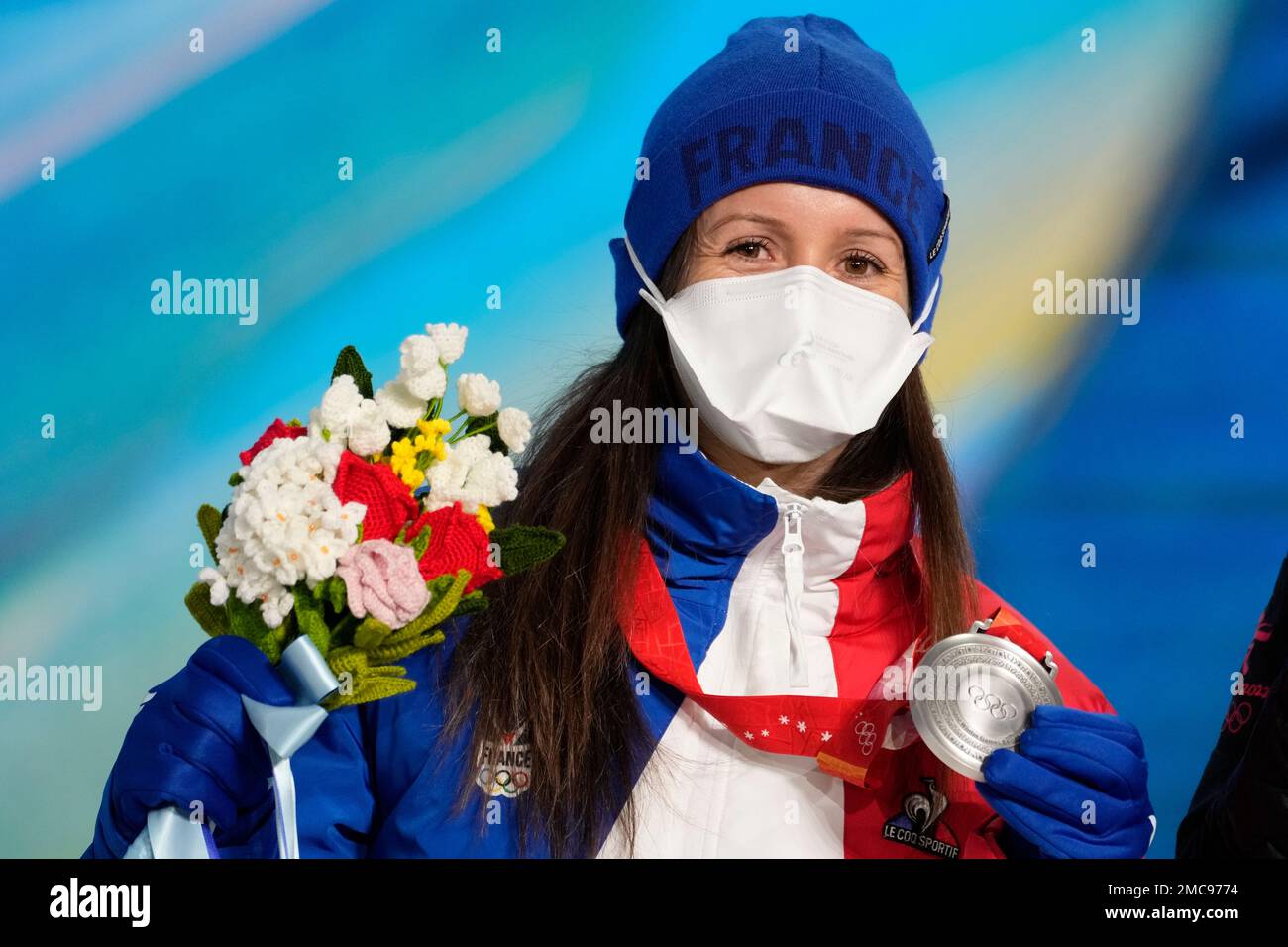 Anais Chevalier-Bouchet, of France, shows her silver medal from during ...