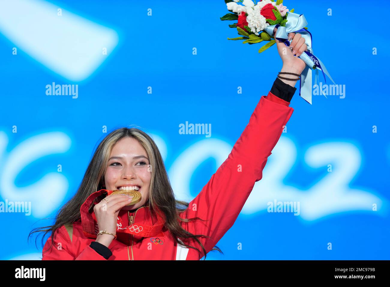 Gold medalist Eileen Gu of China celebrates during the medal ceremony ...