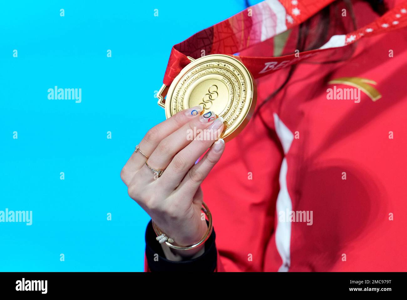 Gold medalist Eileen Gu of China celebrates during the medal ceremony ...