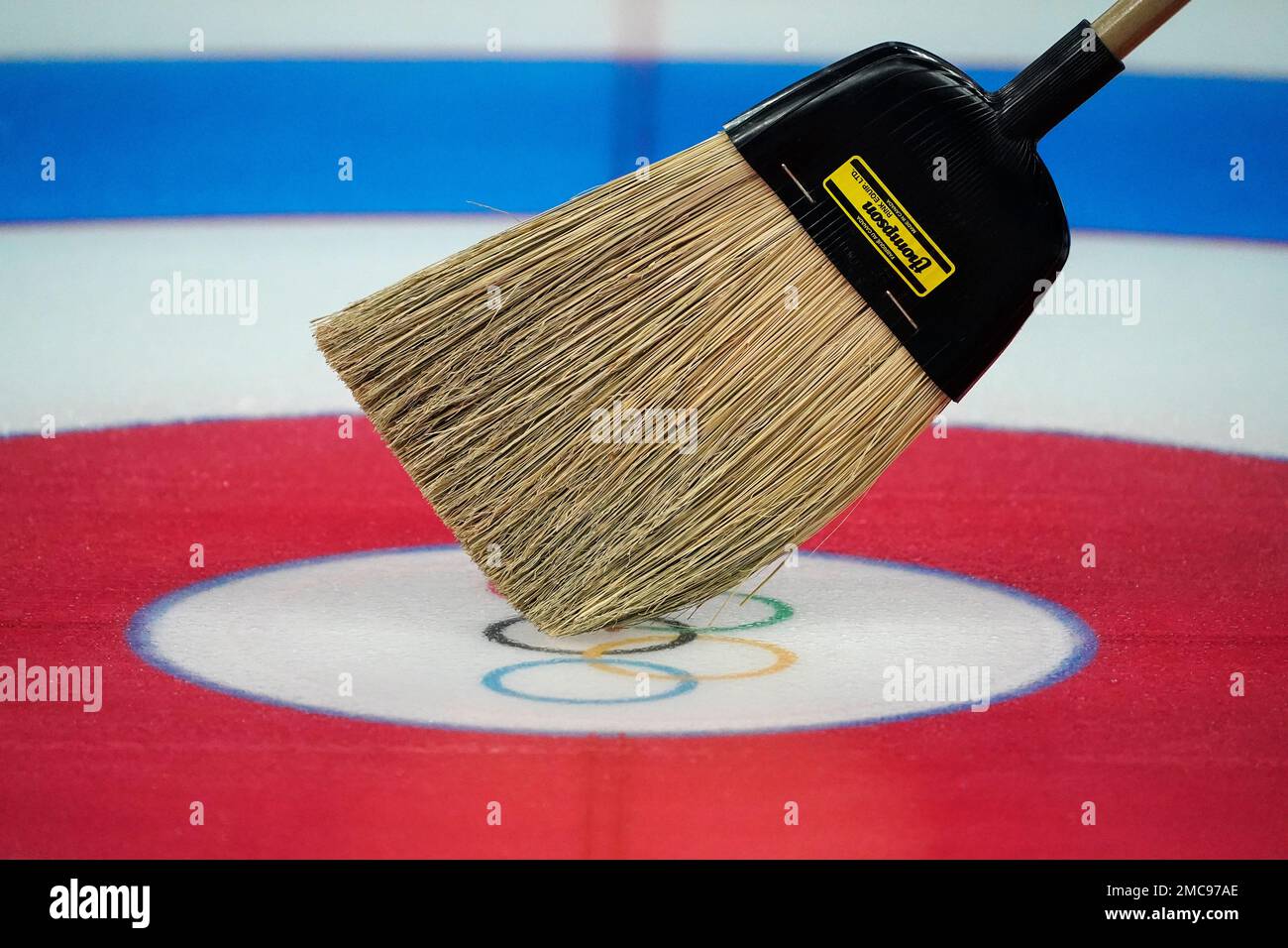 A broom is used for target guidance at the curling venue ahead of the ...
