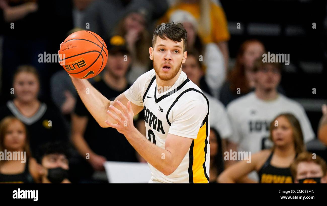 Iowa forward Filip Rebraca (0) looks to pass during an NCAA college ...