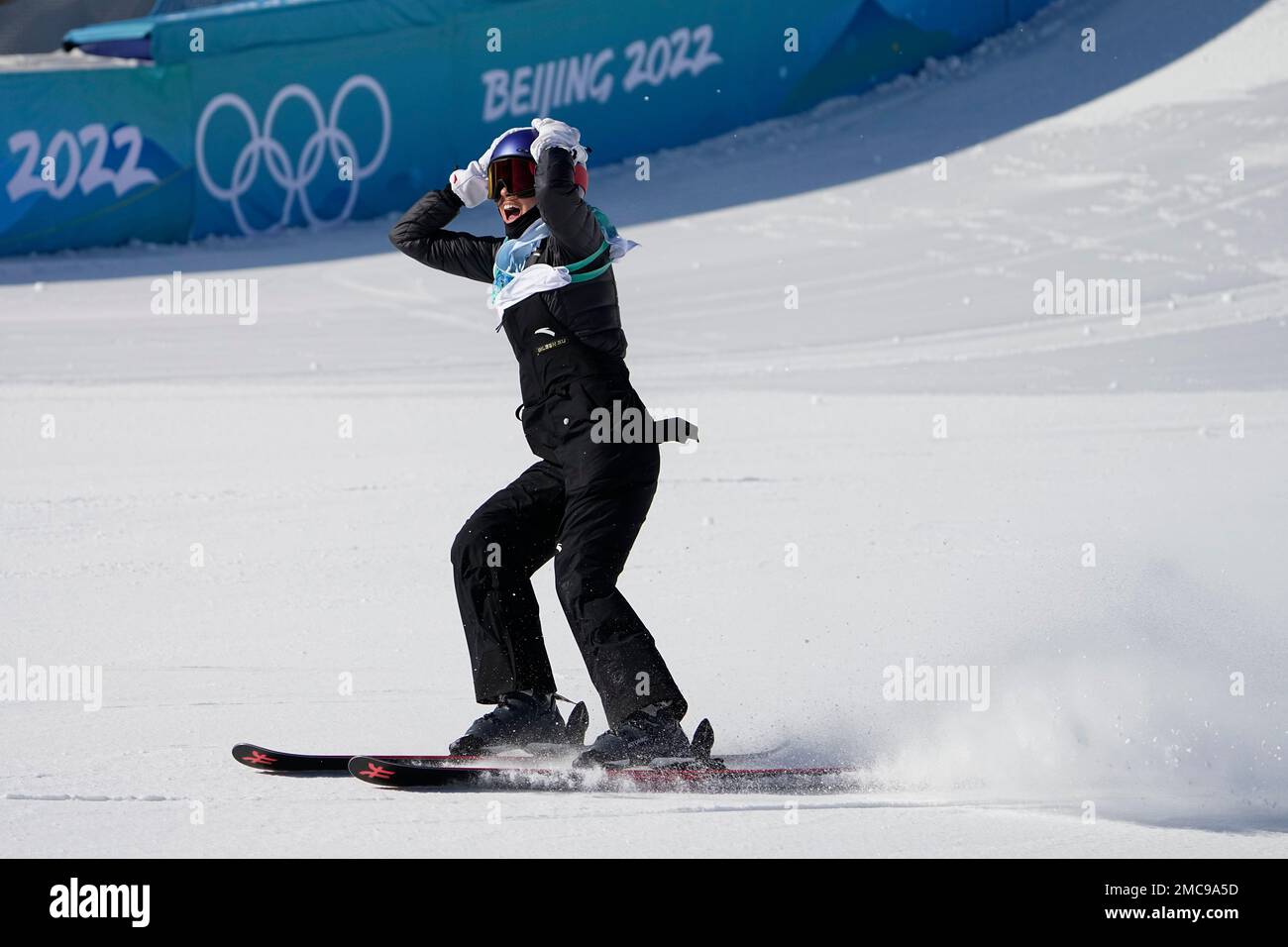 Gold medalist Eileen Gu, of China, reacts after her final run during ...