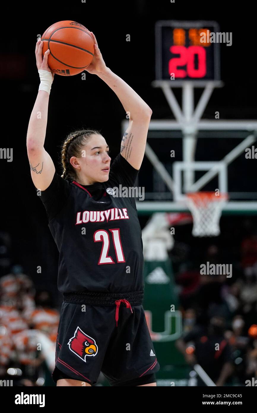 Louisville forward Emily Engstler looks for an open teammate during the ...