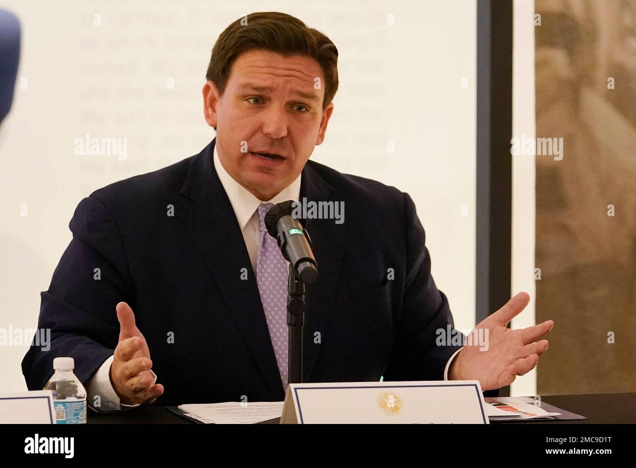 Florida Gov. Ron DeSantis speaks at a news conference, Monday, Feb. 7 ...