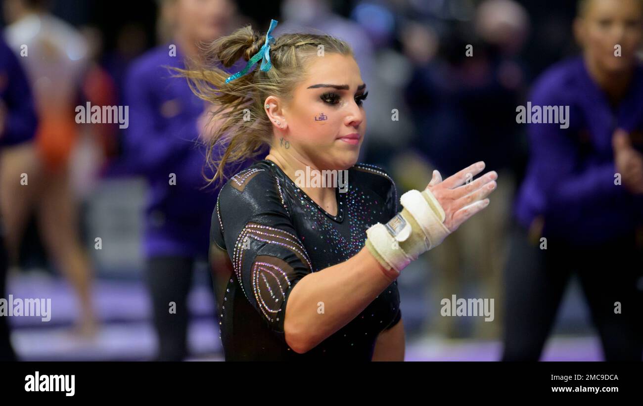 LSU gymnast KJ Johnson runs for the vault during an NCAA gymnastics ...