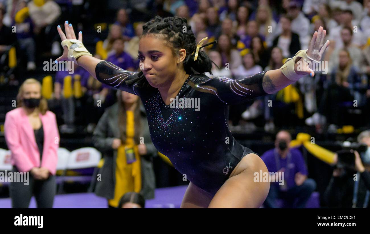LSU gymnast Kai Rivers celebrates her vault during an NCAA gymnastics ...