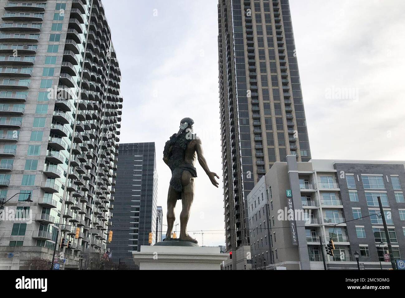 The back side of a statue depicting Chief Tomochichi, a Muscogee native ...