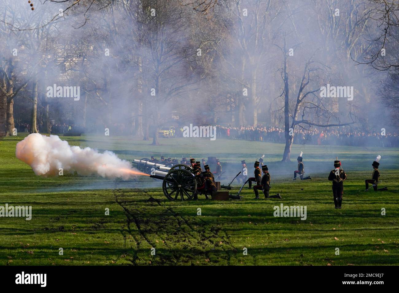 Fire shrouds the scene as The King's Troop Royal Horse Artillery fire ...