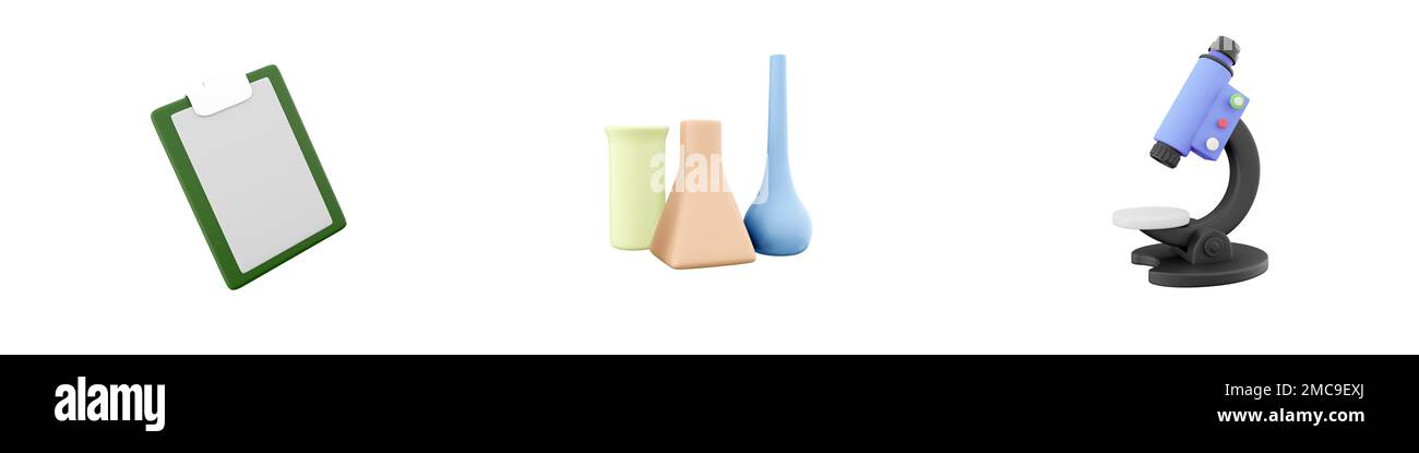 3d render notes, tubes, microscopes icon set on white background. 3d ...