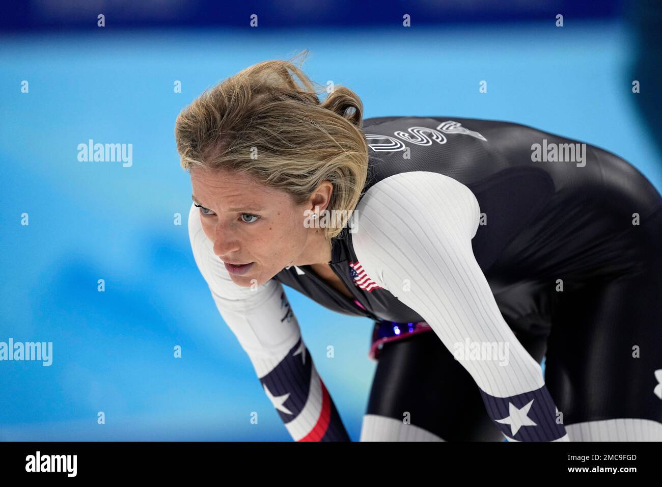 Mia Kilburg of the United States reacts after her heat in the women's ...
