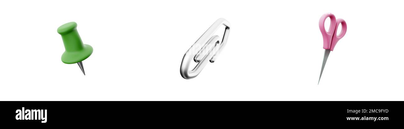 3d render pin, attach, scissors icon set on white background. 3d ...