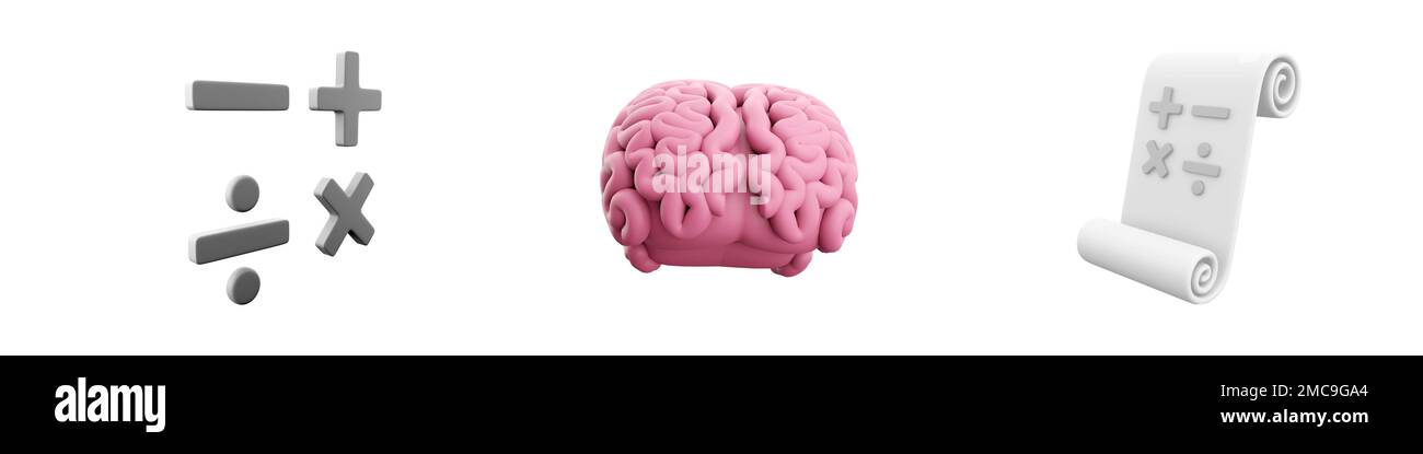 3d render mathmetical operations, brain, paper roll icon set on white ...