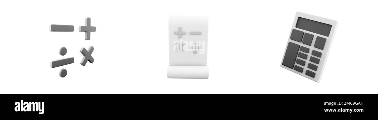 3d render mathmetical operations, paper roll, calculator icon set on ...