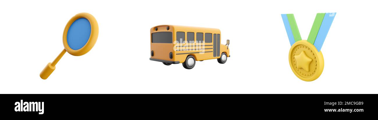 3d render magnifier, school bus, award icon set on white background. 3d ...