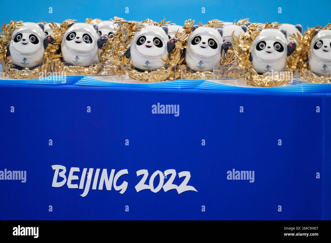 Mascots are setup for the victory ceremony after the team event in the ...