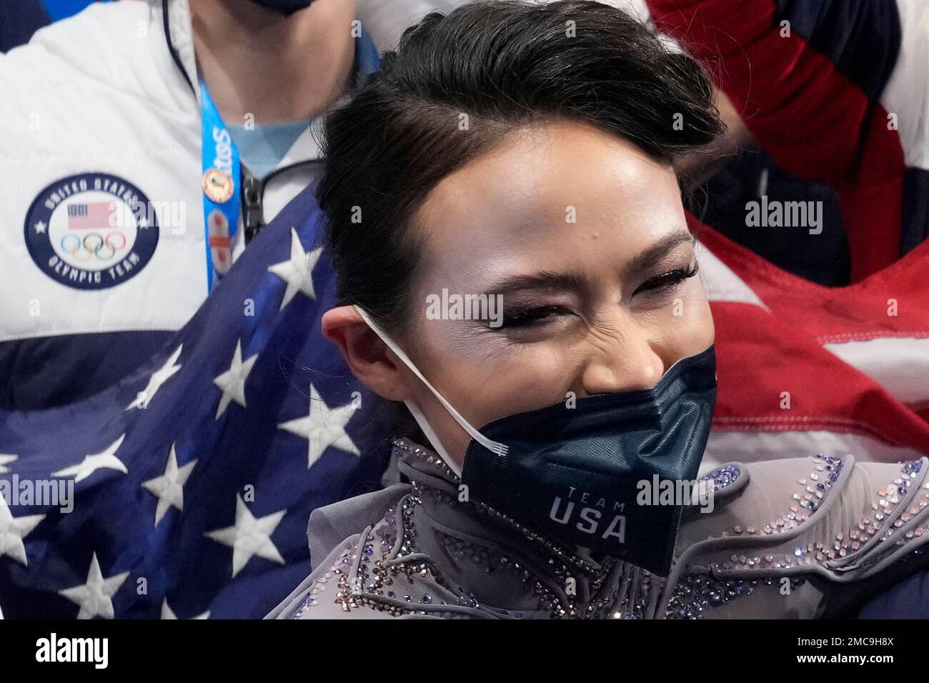 Madison Chock, of the United States, reacts after competing in the team ...