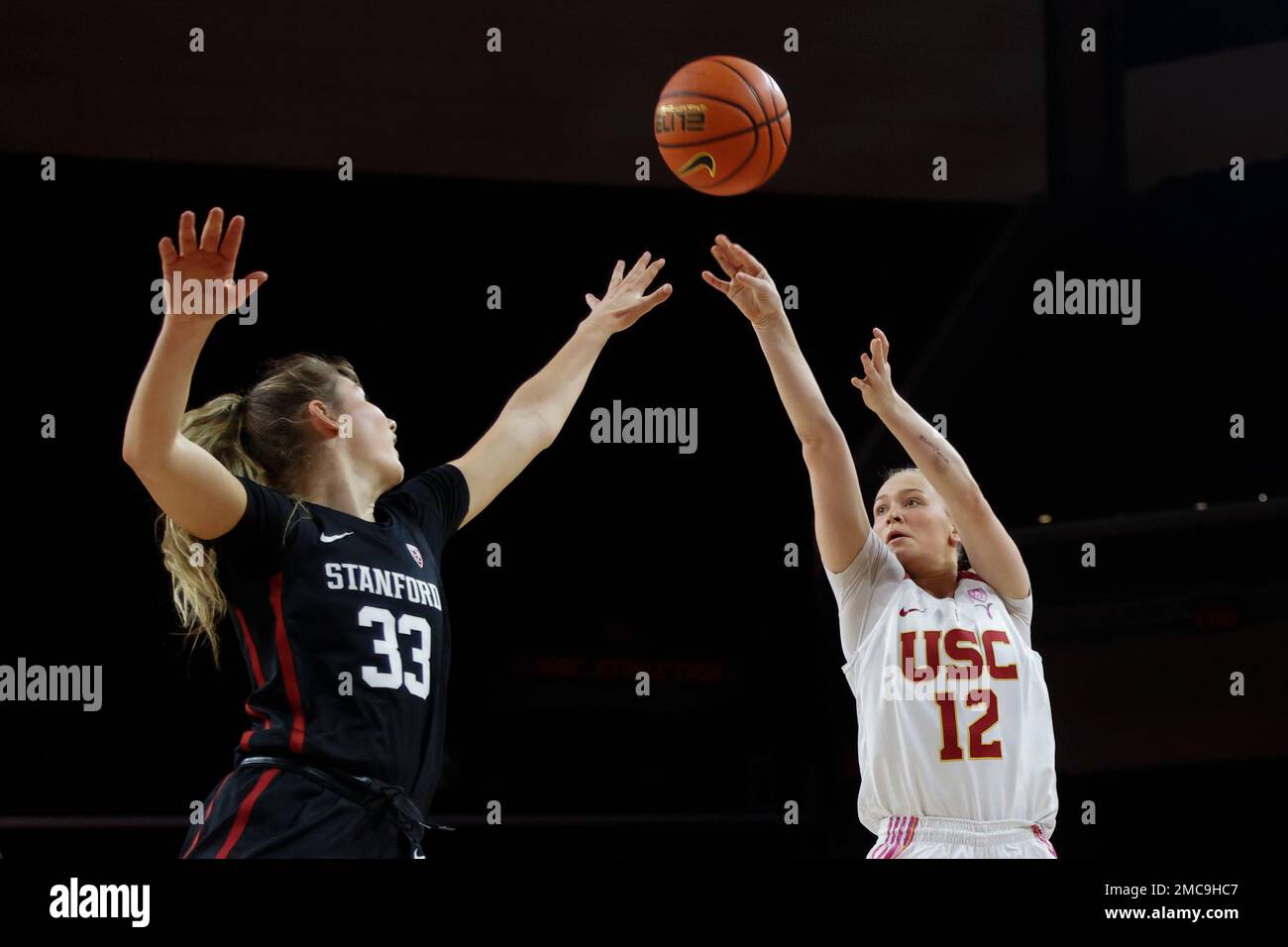 Southern California guard Bella Perkins (12) shoots against Stanford ...