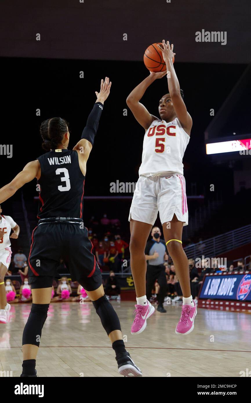 Southern California forward Jordan sanders (5) shoots against Stanford ...