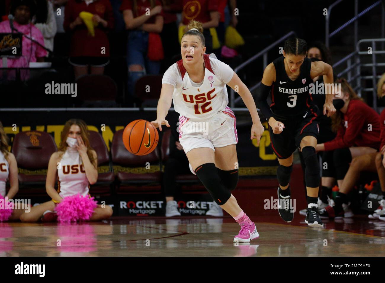 Southern California guard Bella Perkins (12) dribbles against Stanford ...