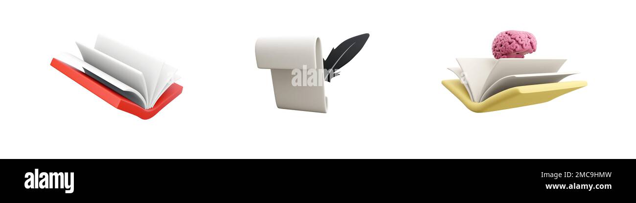 3d render book, paper roll, brain on folder icon set on white ...
